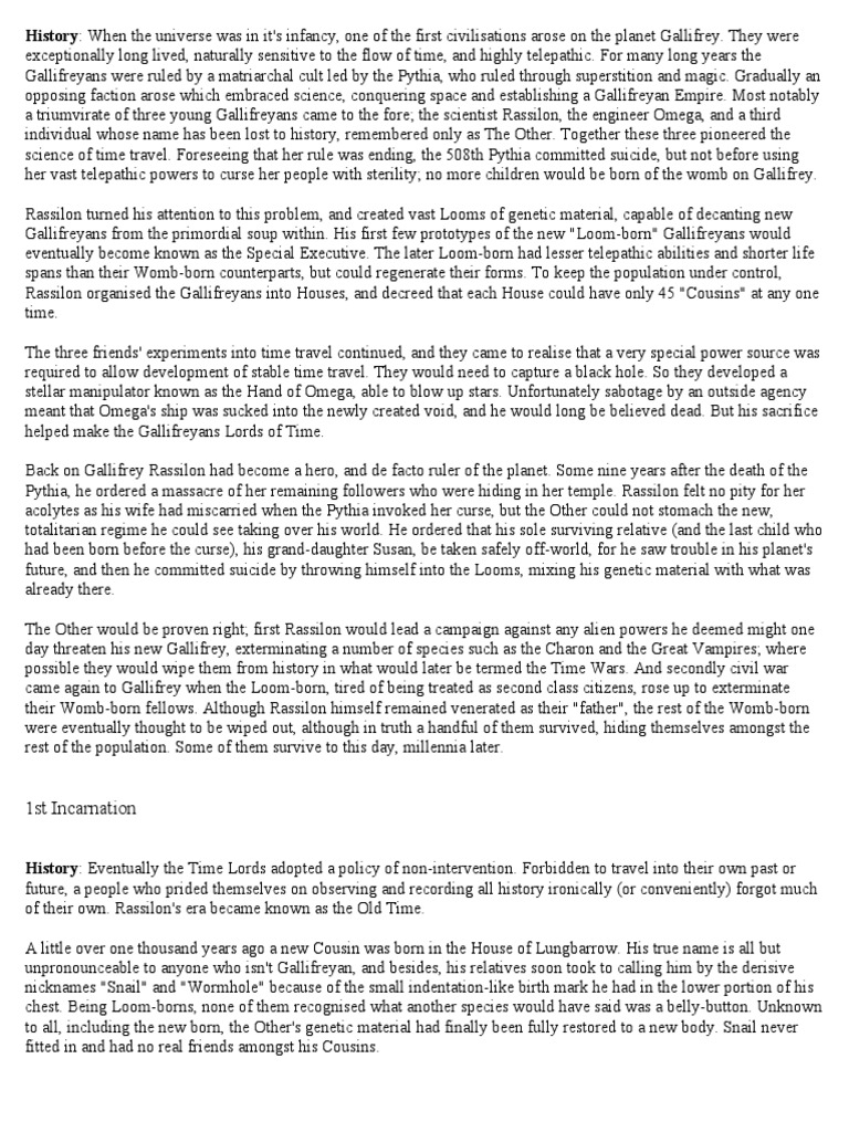 Gallifrey's Time Lords: A Historical Overview | PDF | The Doctor ...