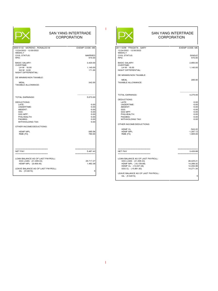 Payroll Records for San Yang Intertrade Corporation | PDF | Payroll Tax | Tax Deduction