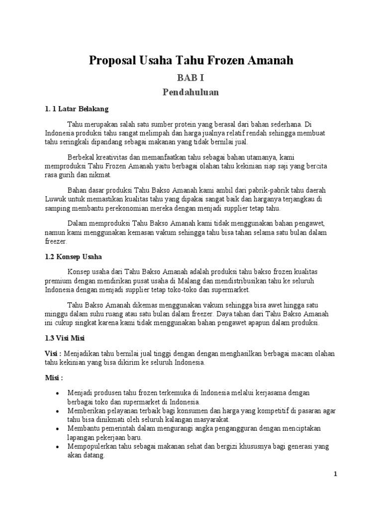 Proposal Tahu Frozen Amanah | PDF