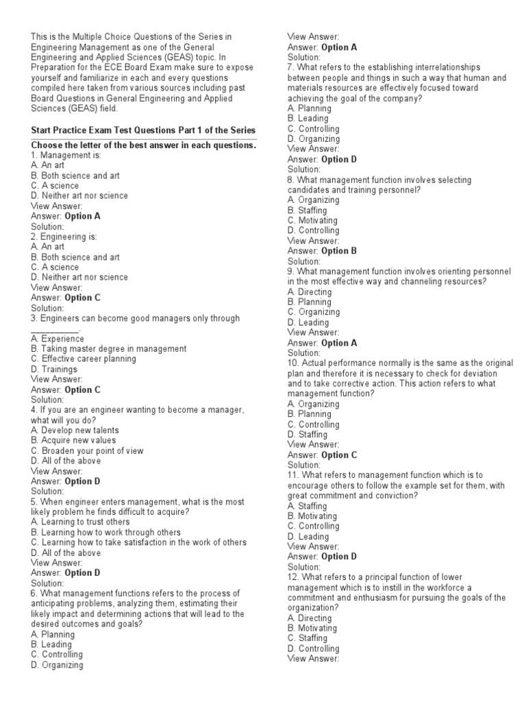 Engg. Management MCQs Part 1 | PDF | Project Management | Leadership