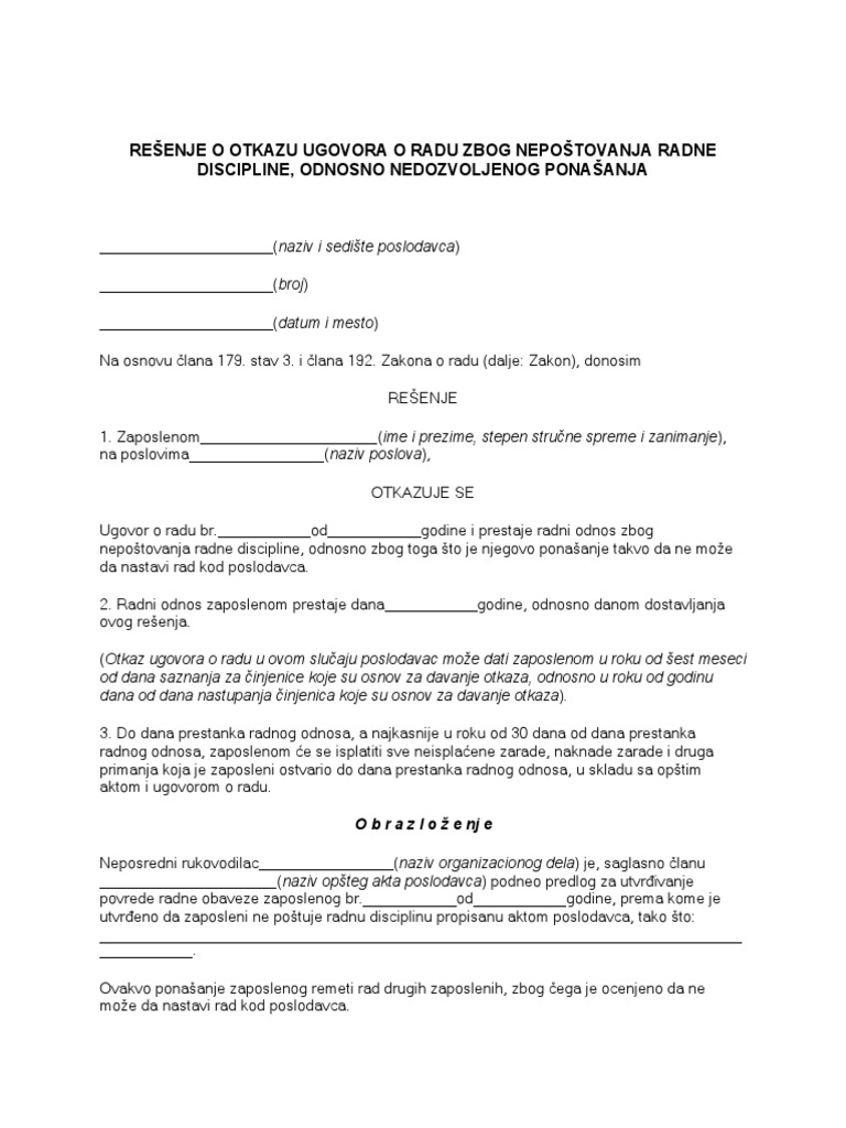 Rešenje O Otkazu Ugovora O Radu Zbog Nepoštovanja Radne Discipline, Odnosno Nedozvoljenog ...
