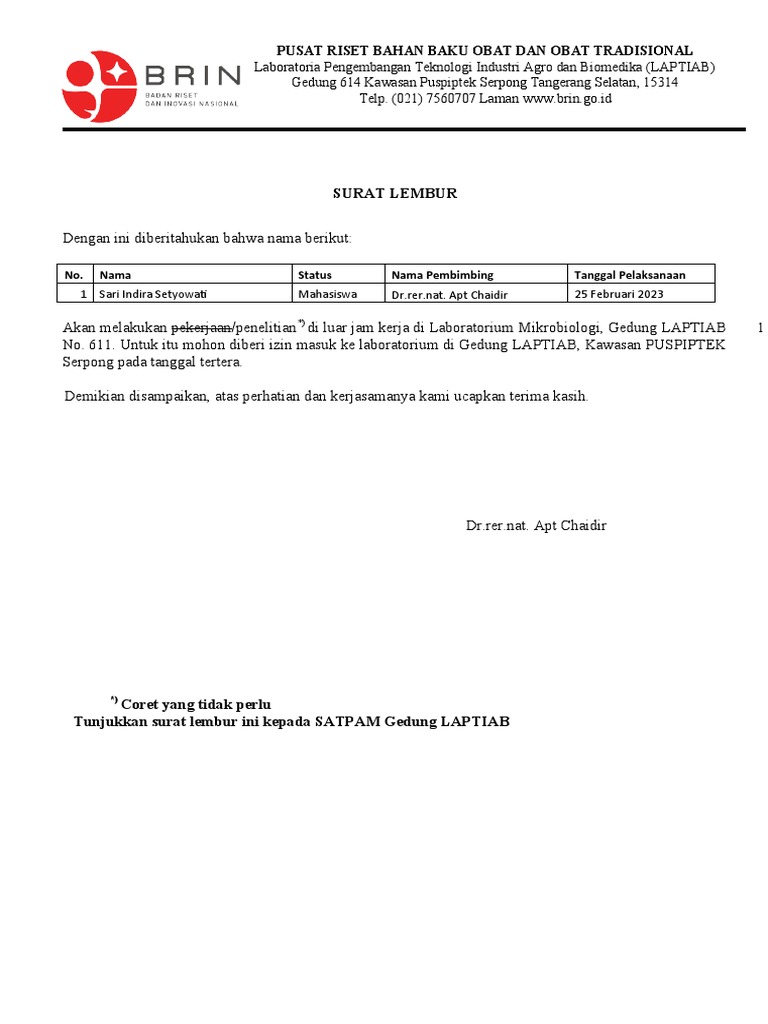 Surat Lembur Penelitian di LAPTIAB | PDF | Kesehatan Holistik