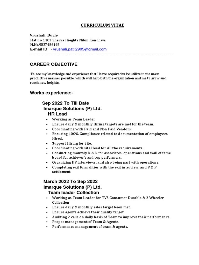 Vrushali Durle - HR Lead | PDF | Business