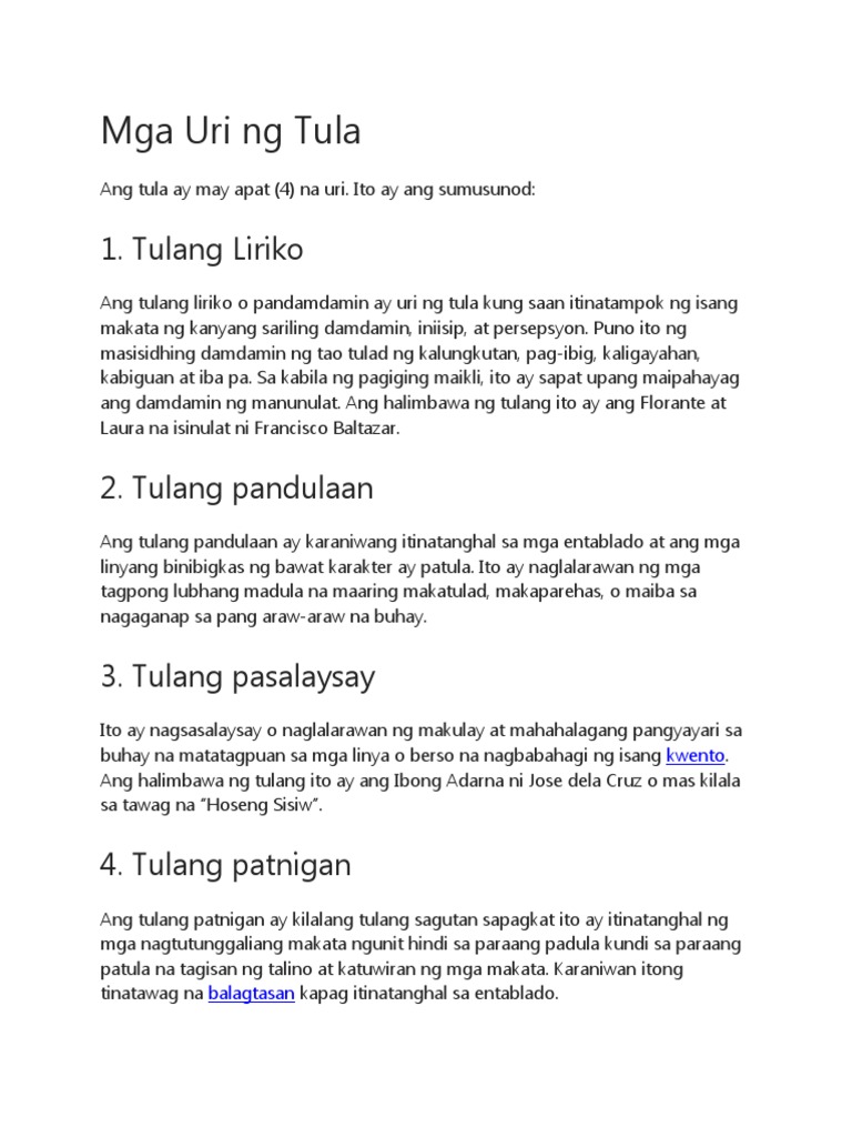 Mga Uri NG Tula | PDF