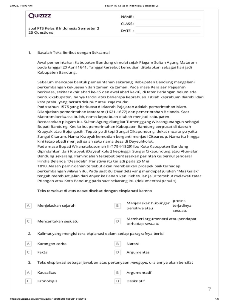 Soal PTS Kelas 8 Indonesia Semester 2 | PDF