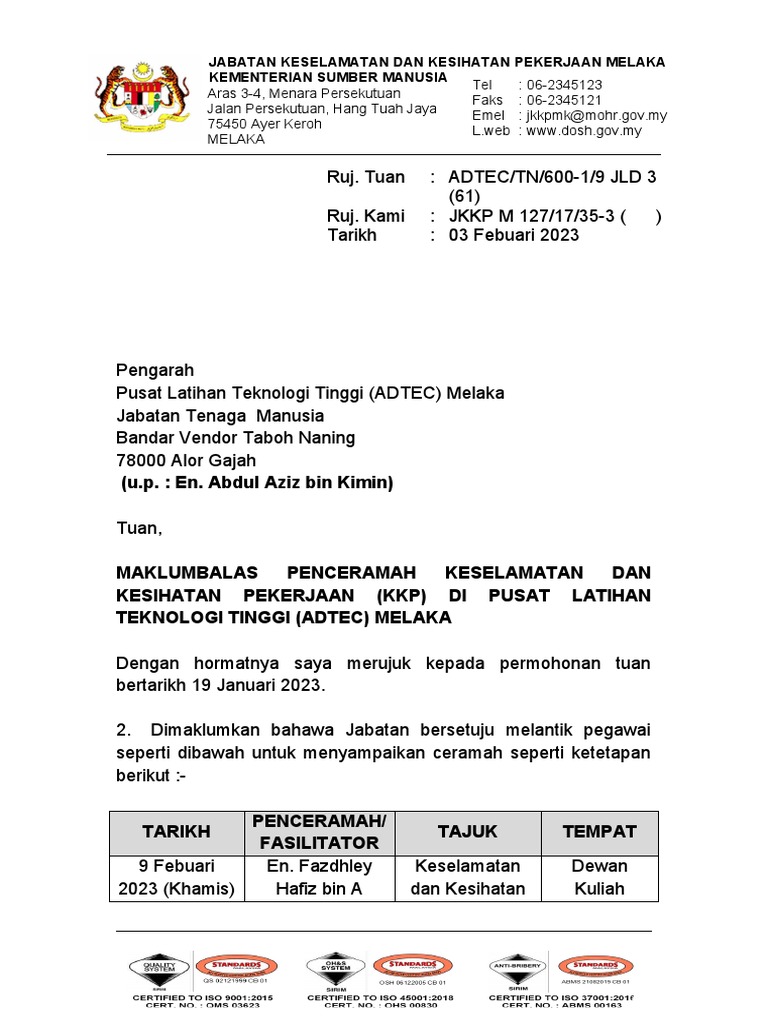 Surat Maklumbalas Penceramah - ADTEC | PDF