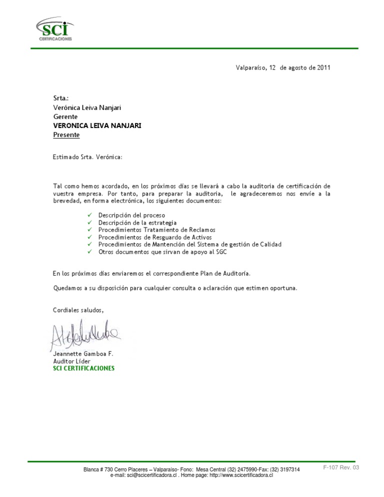 F-107 CARTA SOLICITUD DOCUMENTOS REVISIÓN DOCUMENTAL NCH 2909 REV01 REV 03