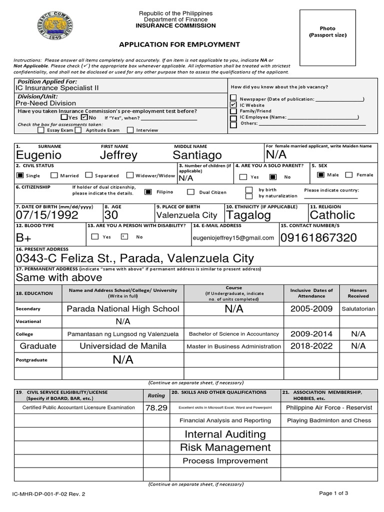 REVISED IC MHR DP 001 F 02 IC Application For Employment Form PDF ...