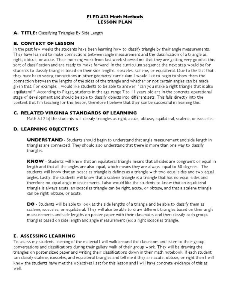 Math Lesson Plan | PDF | Triangle | Cognitive Science