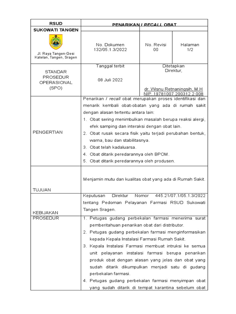 Prosedur Recall Obat RSUD Sukowati | PDF | Kesehatan Holistik