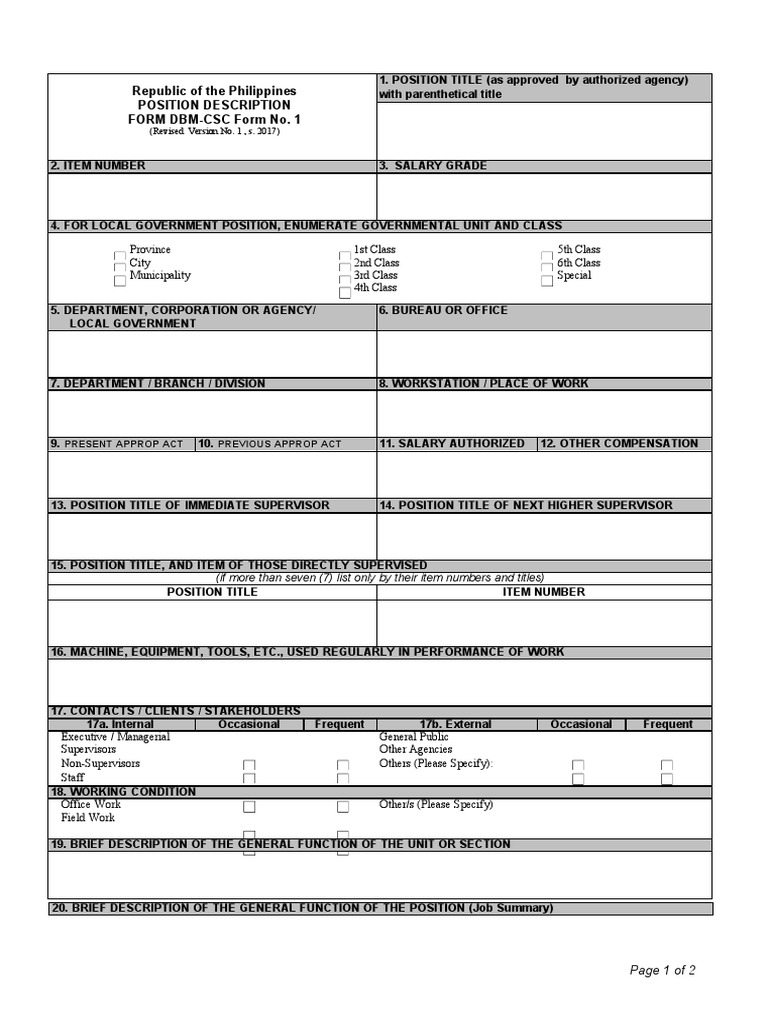 Position Description Form DBM CSC Form No. 1 | PDF | Labor | Business Position Description Form DBM CSC Form No. 1 | PDF | Labor | Business
