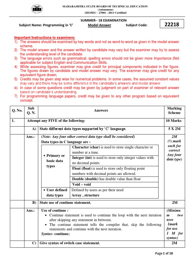 Programming In C Summer 2018 Answer Paper Pdf Pointer Computer Programming Data Type
