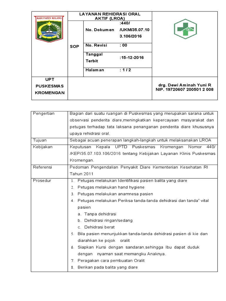 Prosedur Layanan Rehidrasi Oral Puskesmas | PDF