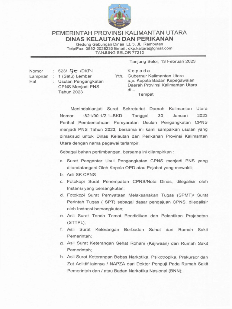 Usulan Pengangkatan CPNS DKP Tahun 2023 | PDF