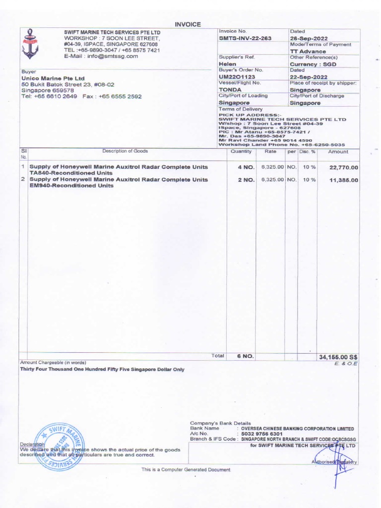 Unico Marine Invoice | PDF
