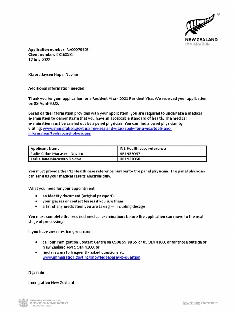 Request for Additional Medical Examination Required for Resident Visa ...