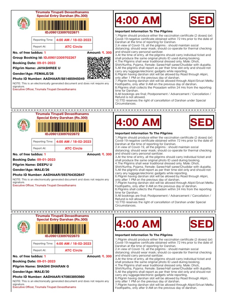 Special Entry Darshan Tickets for Jayashree, Deepu, and Shashi at ...