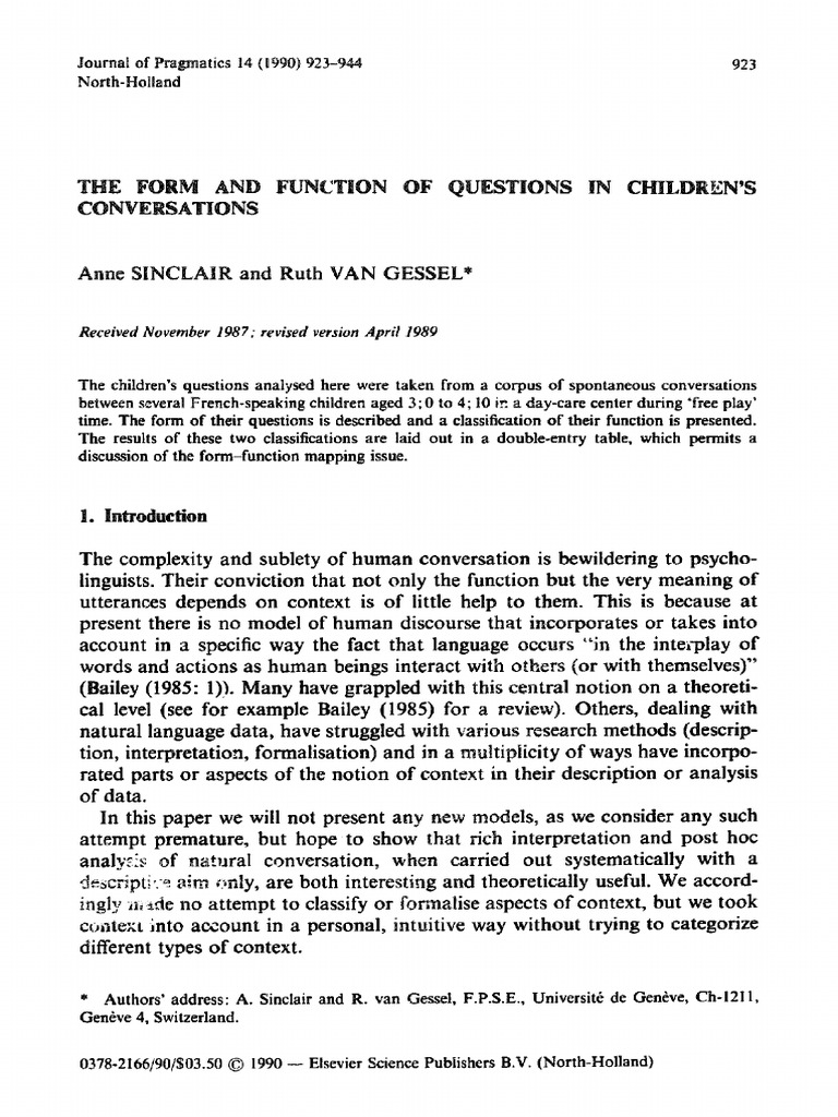 The Form and Function of Questions in Children Conversation (1990) PDF ...