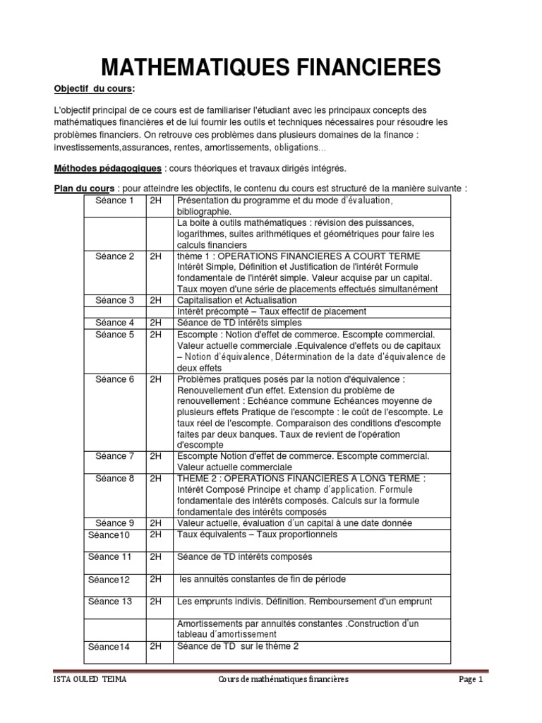 Cours de Mathématiques Financières | PDF | Prêts | Effet de commerce
