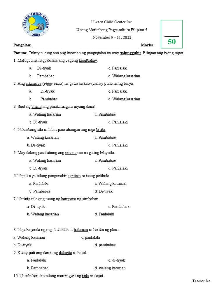 Unang Markahang Pagsusulit Sa Filipino 5 | PDF