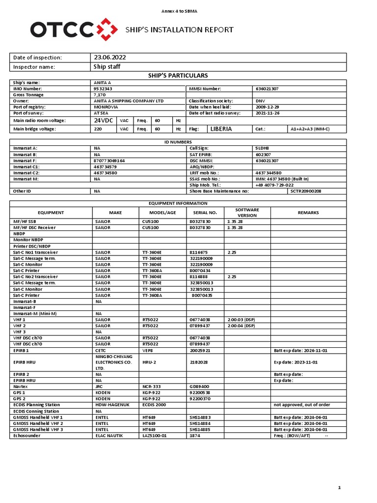 17 - Anita A - Annex 4 To SBMA Ship's Installation Report | PDF ...
