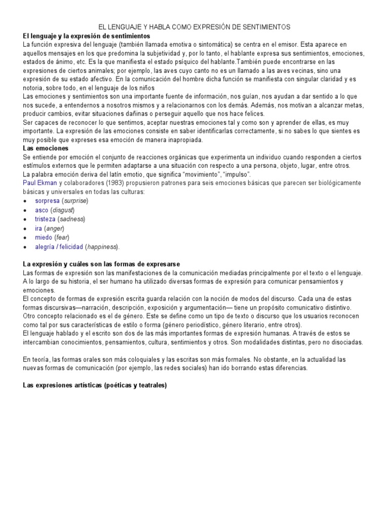 El Lenguaje y Habla Como Expresión de Sentimientos | PDF | Comunicación ...