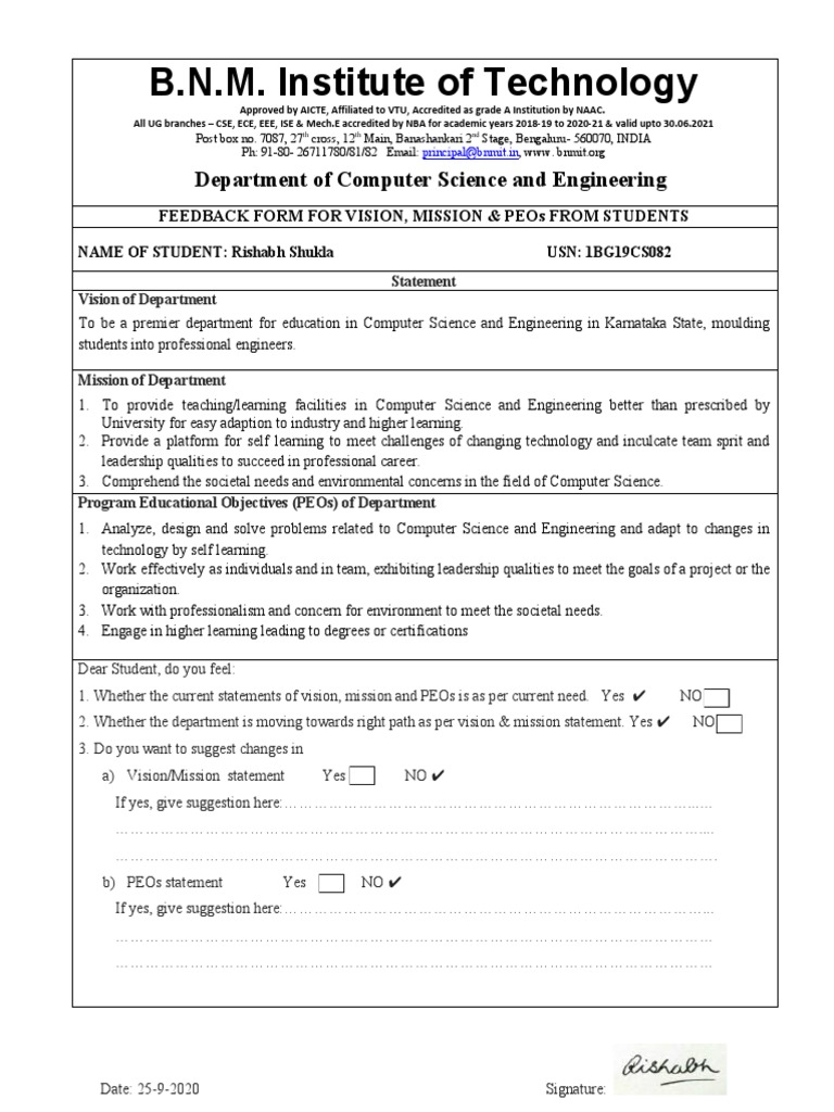 FEEDBACK-FORM-FOR-VISION-MISSION-PEOs-FROM-STUDENTS Send 2 | PDF | Science