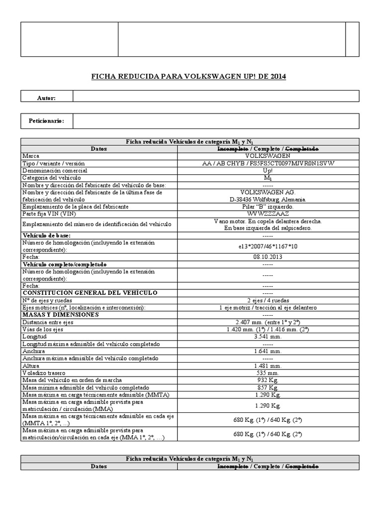 Ficha Reducida para Volkswagen UP! 2014. Rev. 0 | PDF | Eje | Vehículo ...