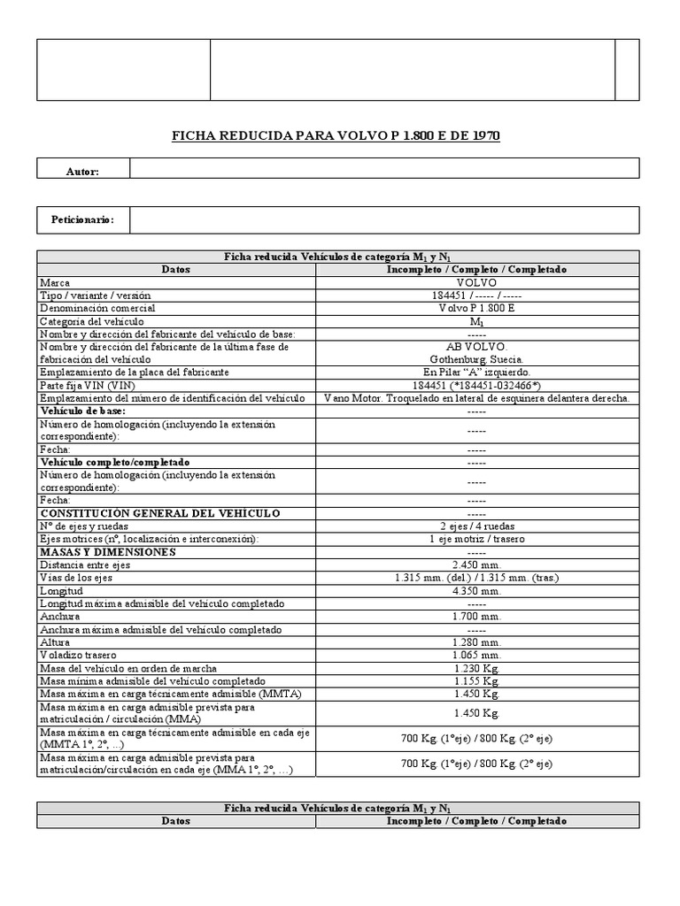 Ficha Reducida para Volvo P 1.800 E 1970 Rev. 0 | PDF | Eje | Vehículo híbrido
