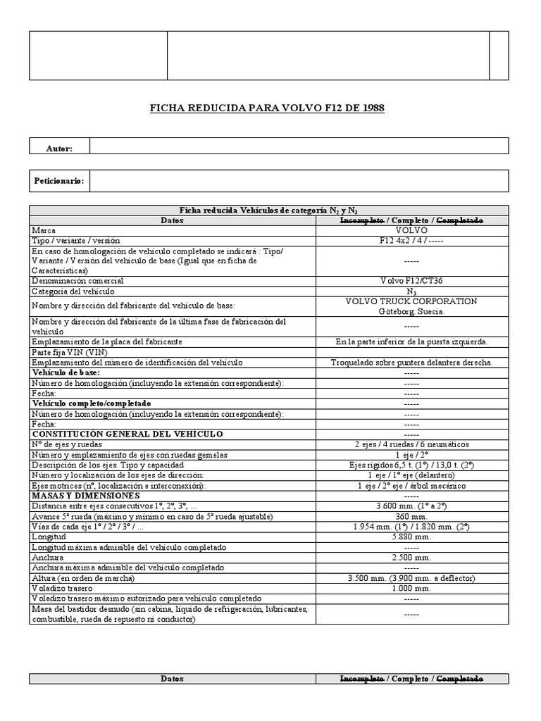Ficha Reducida para VOLVO F 12 1998. Rev. 0 | PDF | Eje | Transporte