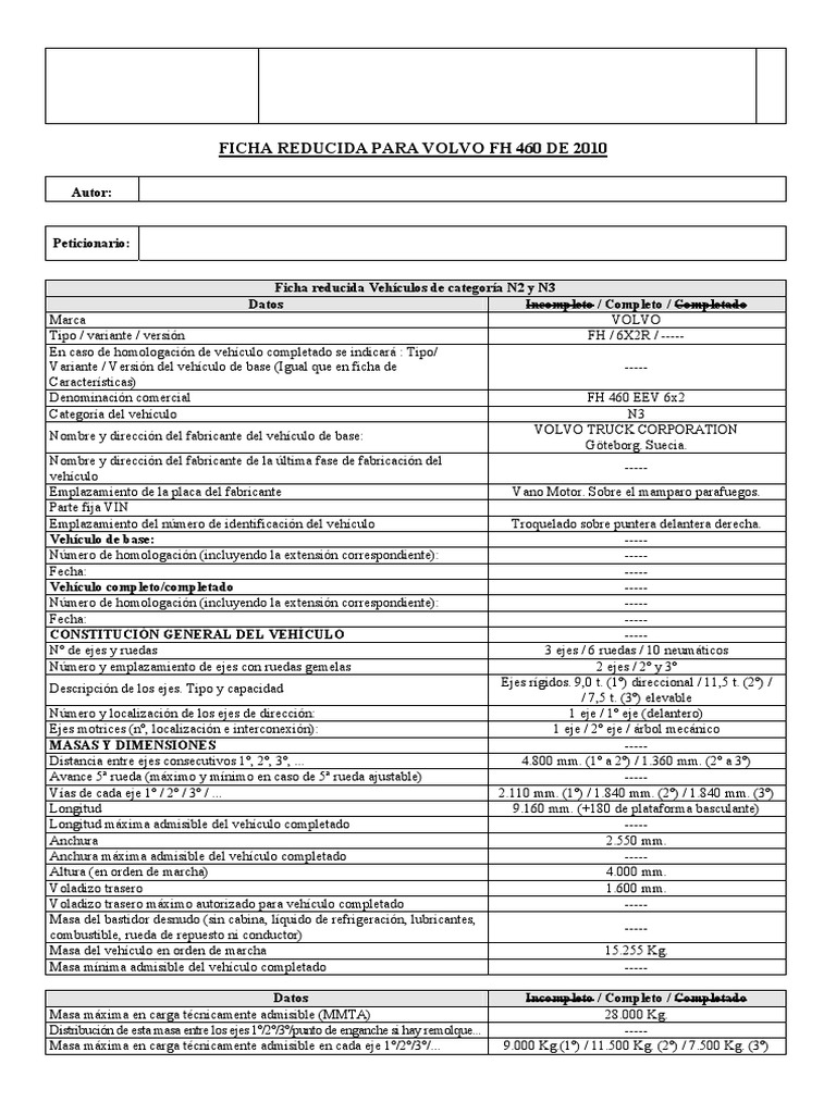Ficha Reducida para VOLVO FH 460 2010. Rev. 0 | PDF | Eje | Bienes ...