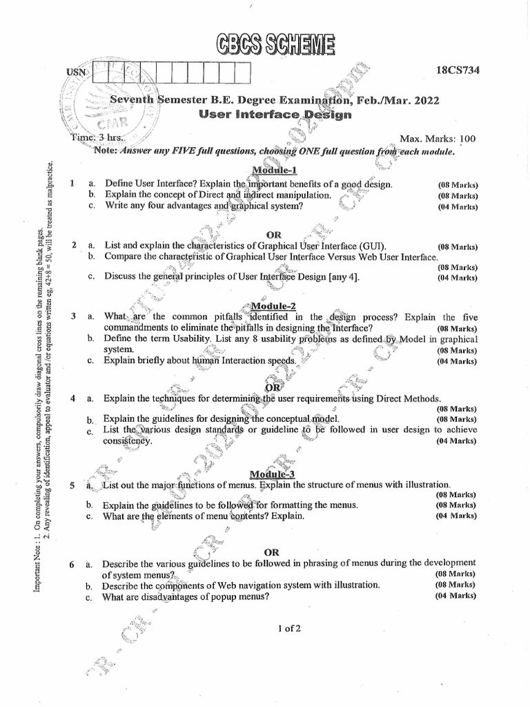 VTU Question Paper of 18CS734 User Interface Design Feb-2022 | PDF