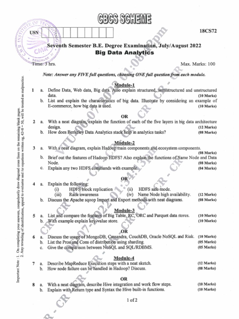 VTU Question Paper of 18CS72 Big Data Analytics June-2022 | PDF