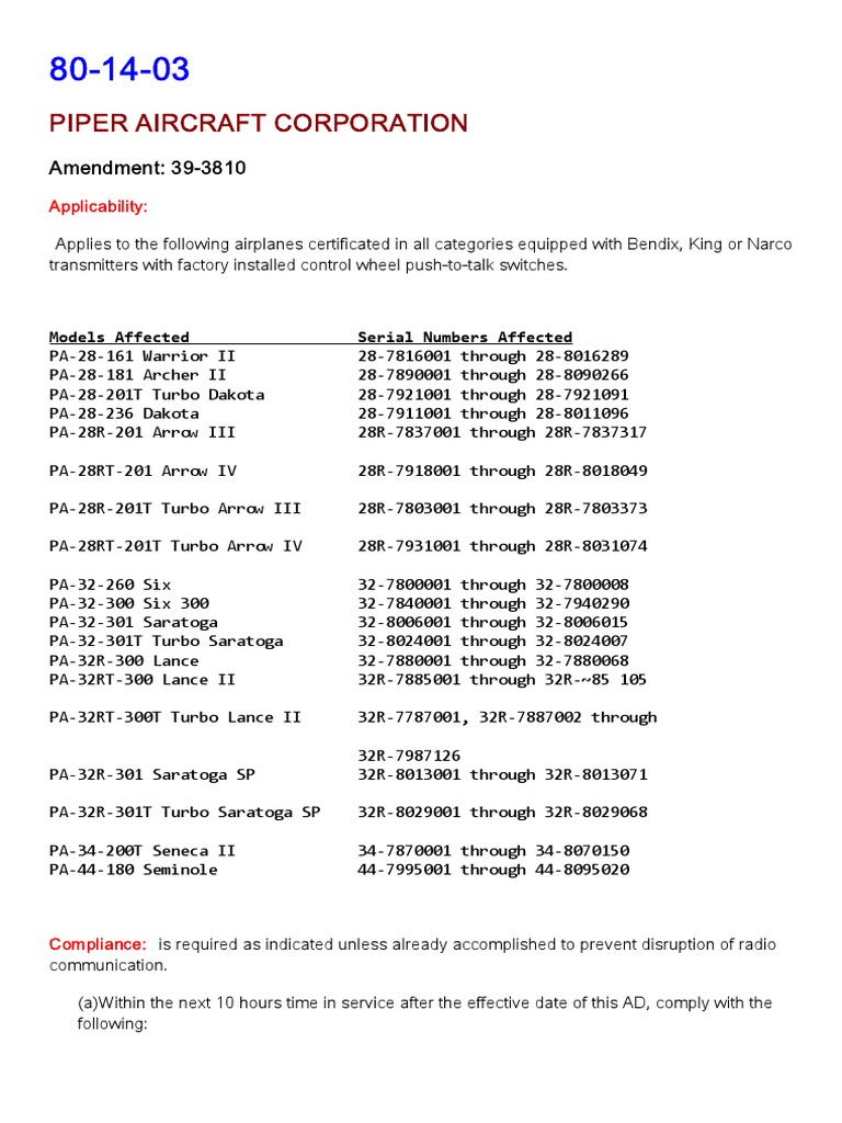 Modification of Piper Aircraft Radio Systems to Prevent Disruption of ...