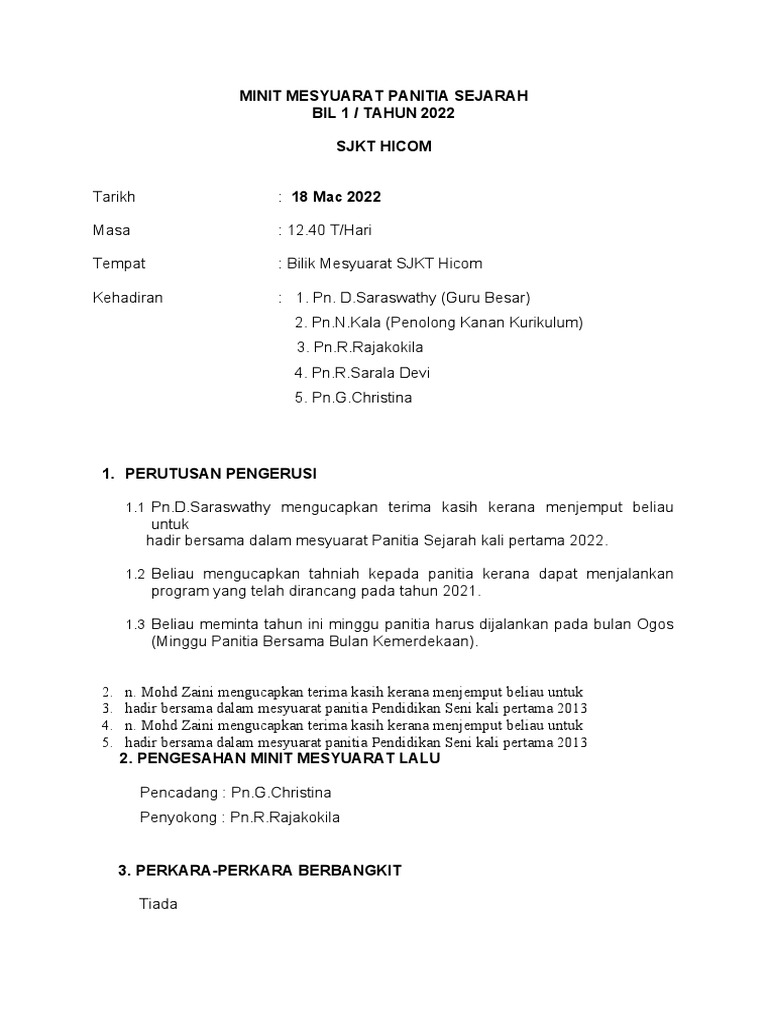 Minit Mesyuarat Panitia Sejarah Kali Pertama | PDF