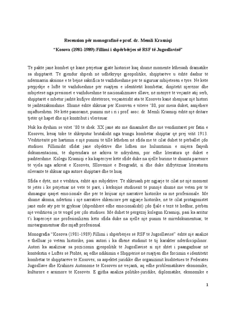 Recension Për Monografinë e Prof. Dr. Memli Krasniqi (Sonila Boci) | PDF