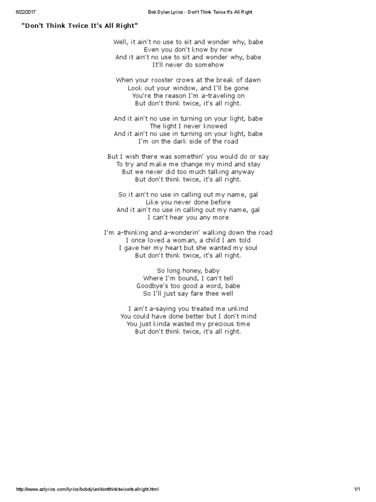 Bob Dylan's "Don't Think Twice" Lyrics | PDF