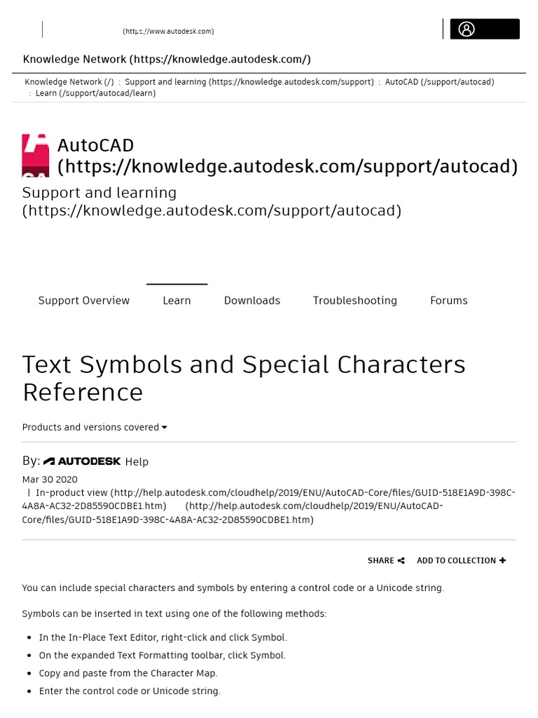 Text Symbols and Special Characters Reference - AutoCAD 2019 - Autodesk Knowledge Network PDF ...