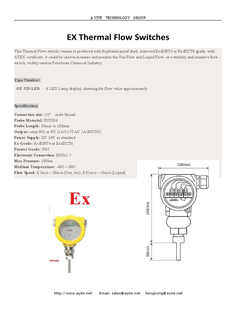 ATEX Stainless Steel Flow Switch - GE-325-Ex Explosion Proof Thermal ...