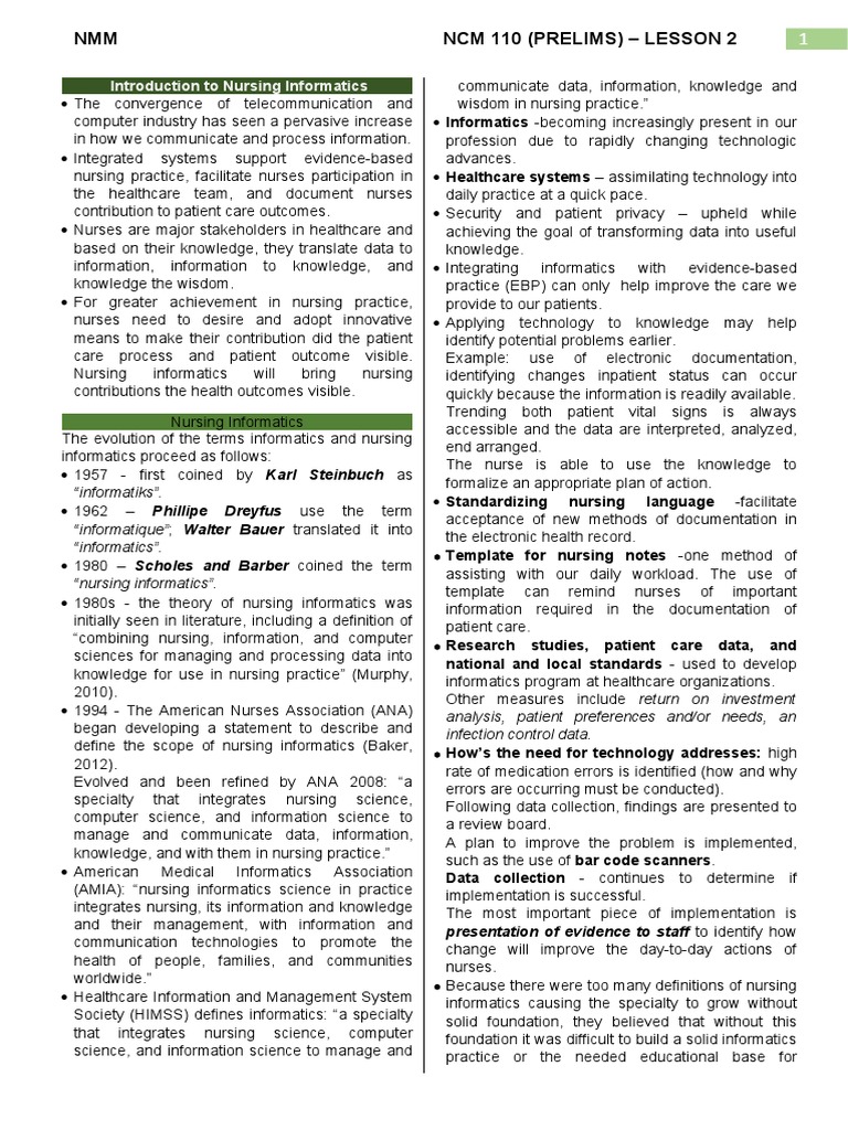 NCM 110 (Prelims) - Lesson 1 | PDF | Health Informatics | Nursing