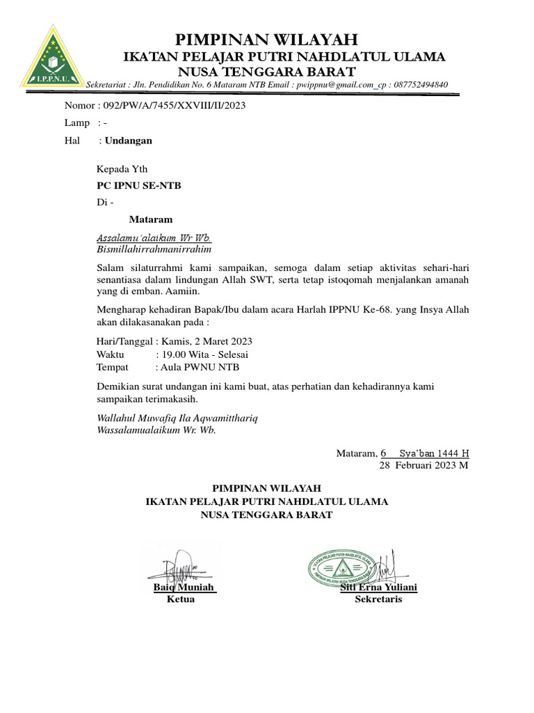 SURAT UNDANGAN PC IPNU SE NTB | PDF