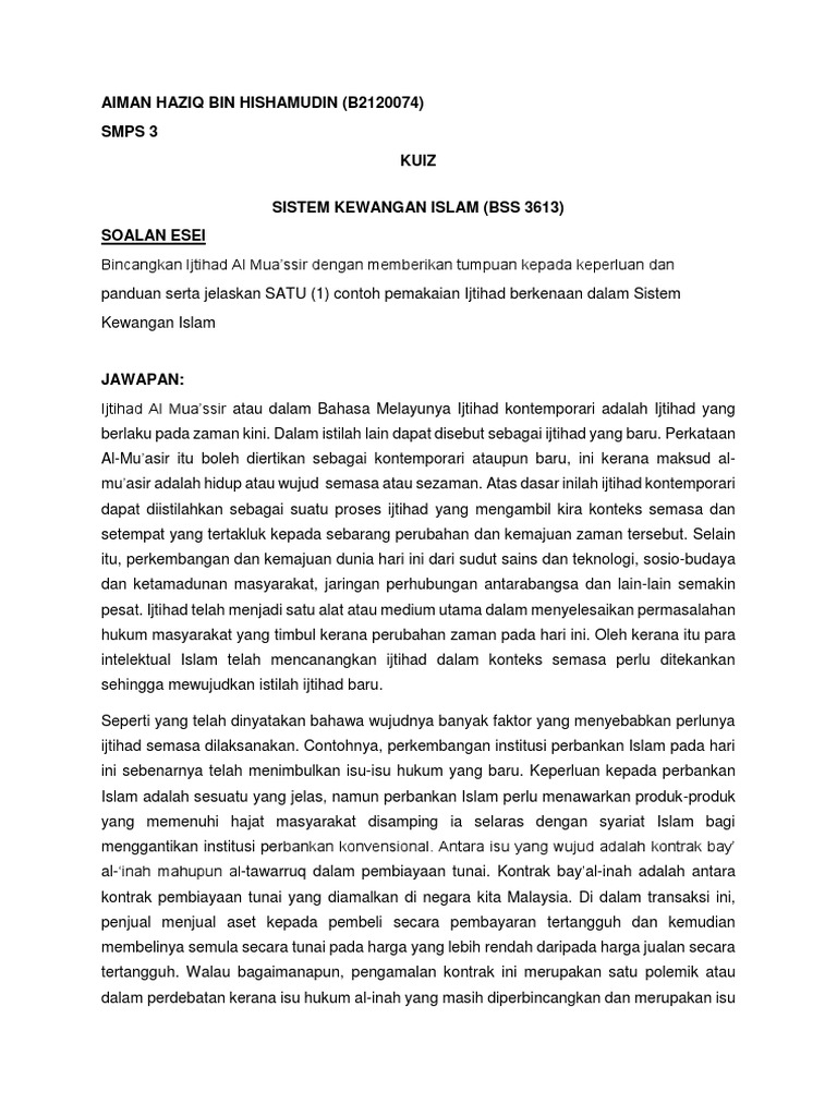 Kuiz Sistem Kewangan Islam BSS 3613 (B2120074) PDF | PDF