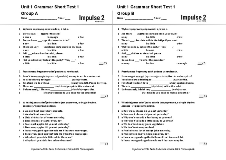 Unit 1 Grammar Short Test 1 A+B | PDF | Food And Drink | Foods