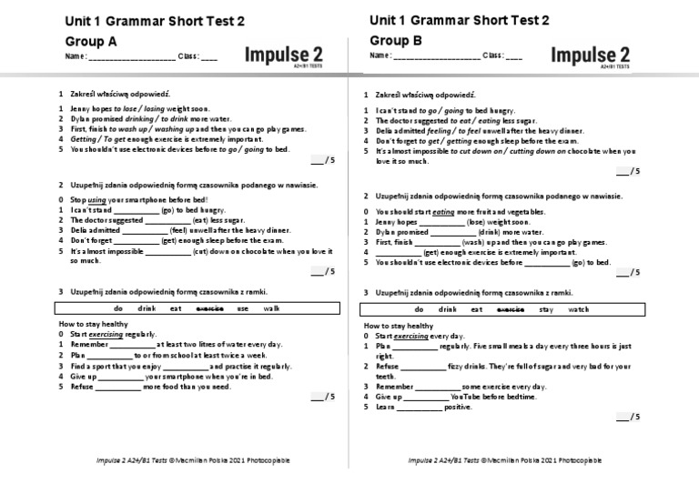 Unit 1 Grammar Short Test 2 A+B | PDF | Determinants Of Health | Food ...