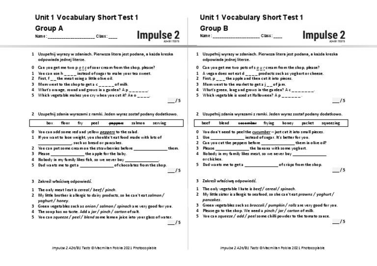 Unit 1 Vocabulary Short Test 1 A+B | PDF | Pancake | Yogurt