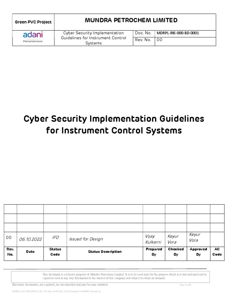 151cyber Security Implementation Guidelines For Instrument Control Systems Rev 00 Pdf 