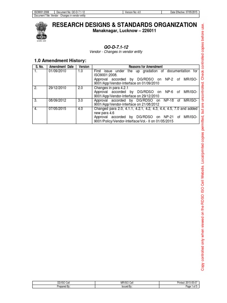 Vendor Changes in Vendor Entity QO-D-7.1-12 Ver-4.0 PDF | PDF | Iso 9000 | Quality Assurance