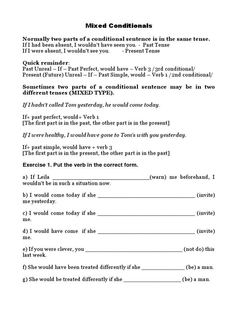 Mixed Conditionals Homework | PDF | Grammatical Tense | Perfect (Grammar)