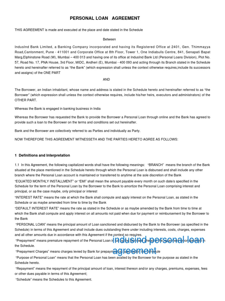 Indusind Personal Loan Agreement | PDF | Interest | Loans