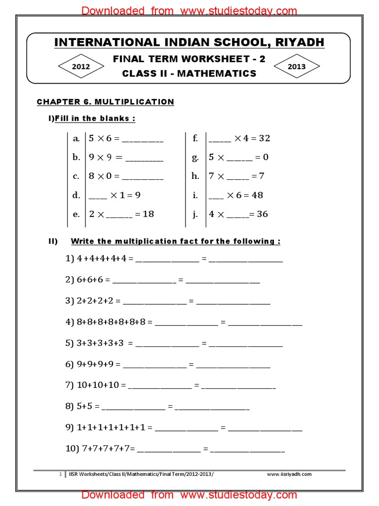 CBSE Class 2 Maths Practice Worksheets (139) - Multiplication and Time ...